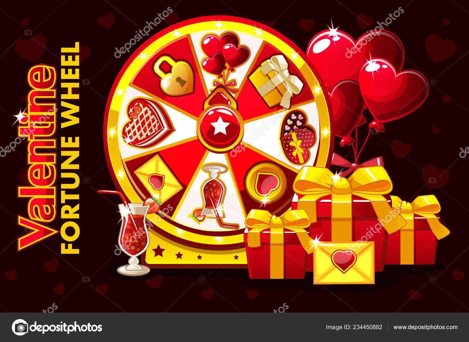 Cartoon Valentine Lucky Roulette Spinning Fortune Wheel Holiday Icons ...