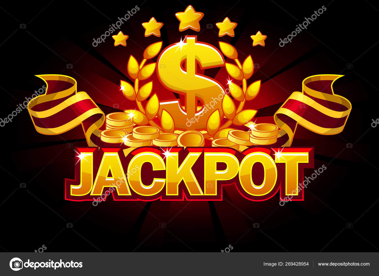 Jackpot banner with dollar sign and red ribbon. Casino awards and coin ...