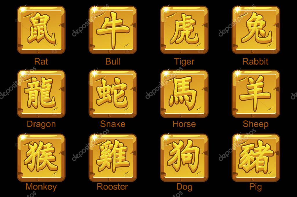 Zodíaco chino signos jeroglíficos en barras cuadradas de oro. Rata ...
