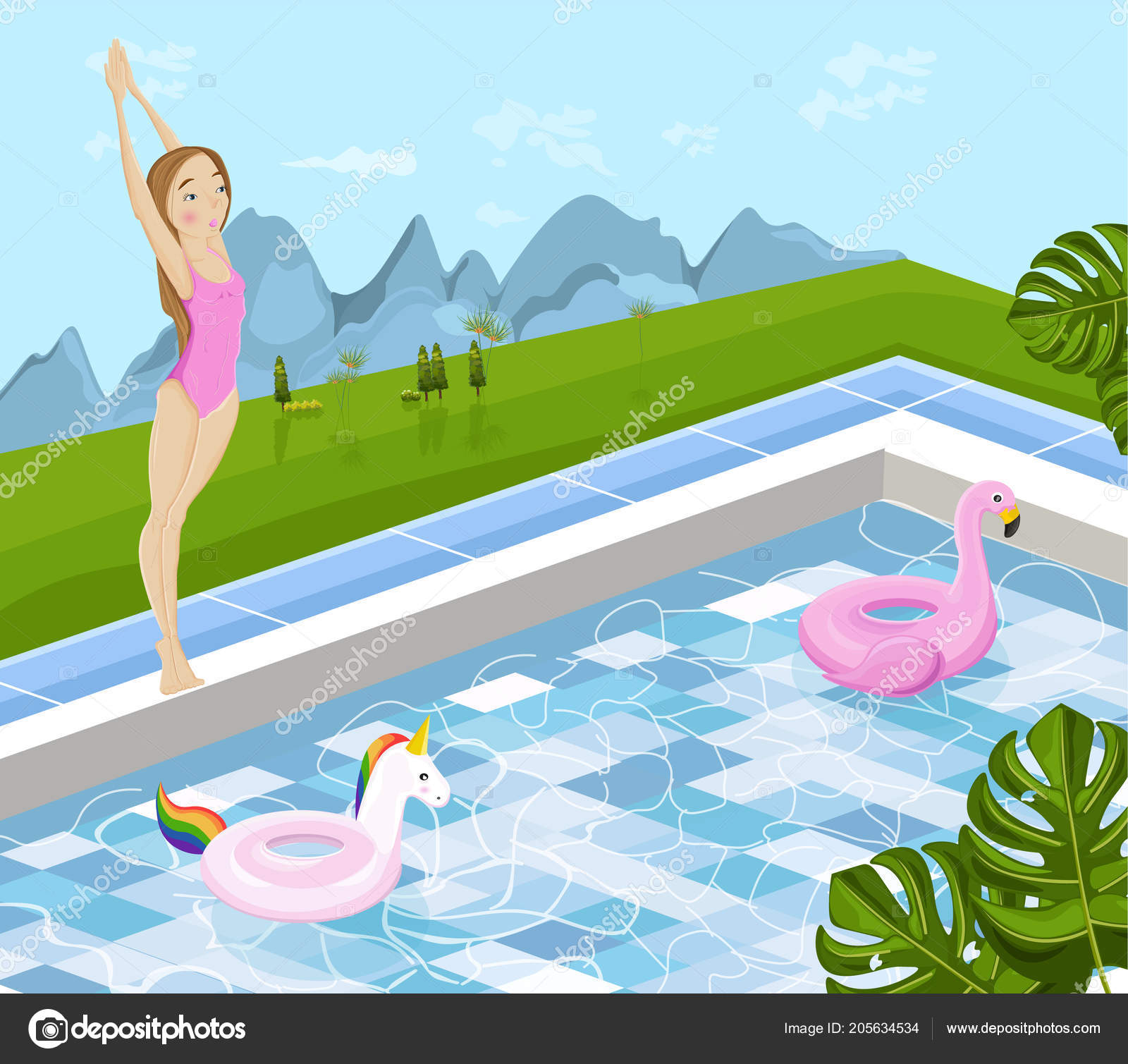 Girl jumping in a pool Vector summer background cartoon illustrations ...