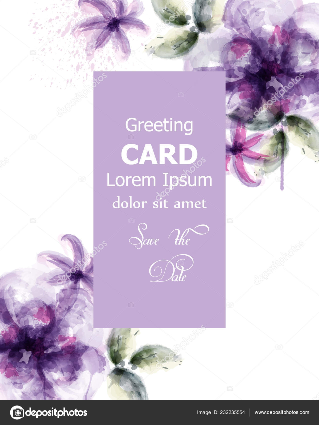 Violet flowers watercolor card Vector. Purple stains and delicate ...