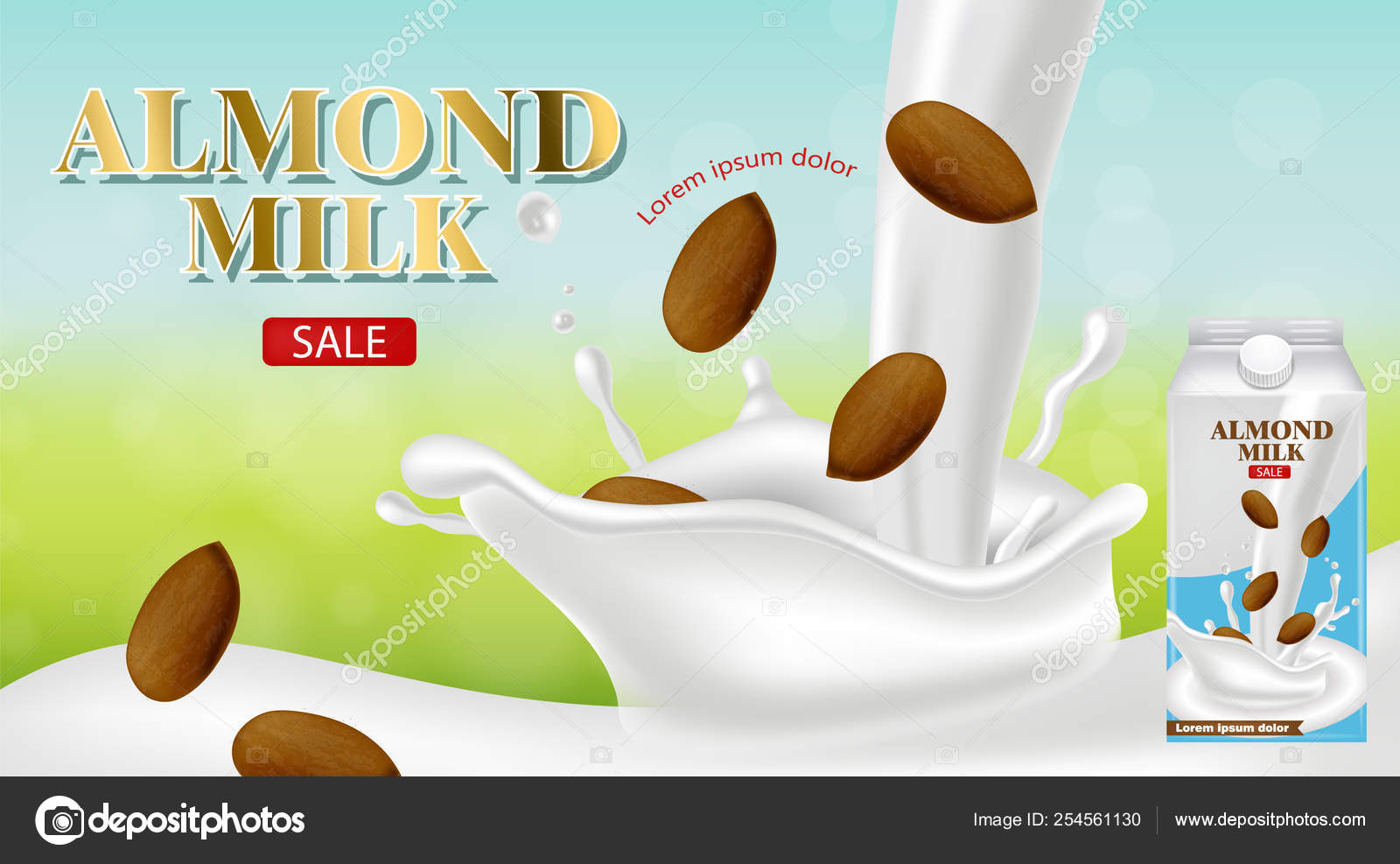 Almond milk vector realistic. Product placement advertise. Splash milk ...