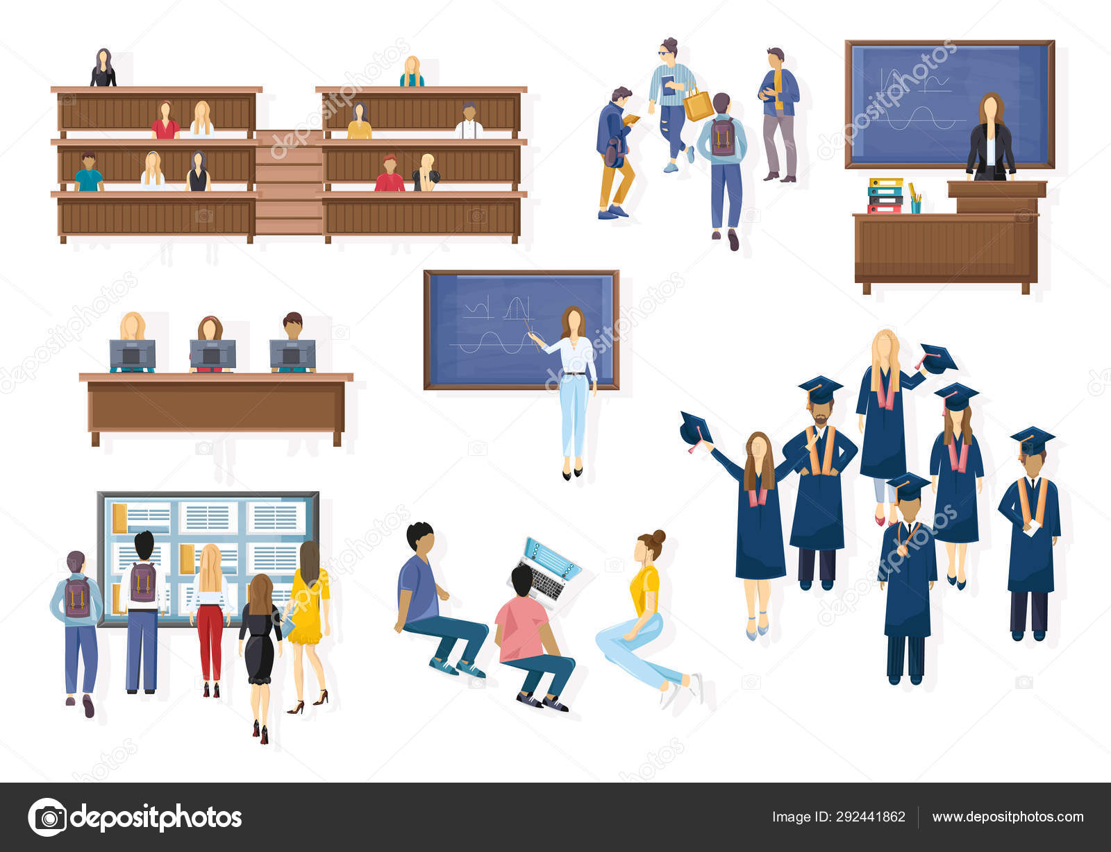 Student examen uppsättning samling vektor Flat stil. Kunskaps mal len ...