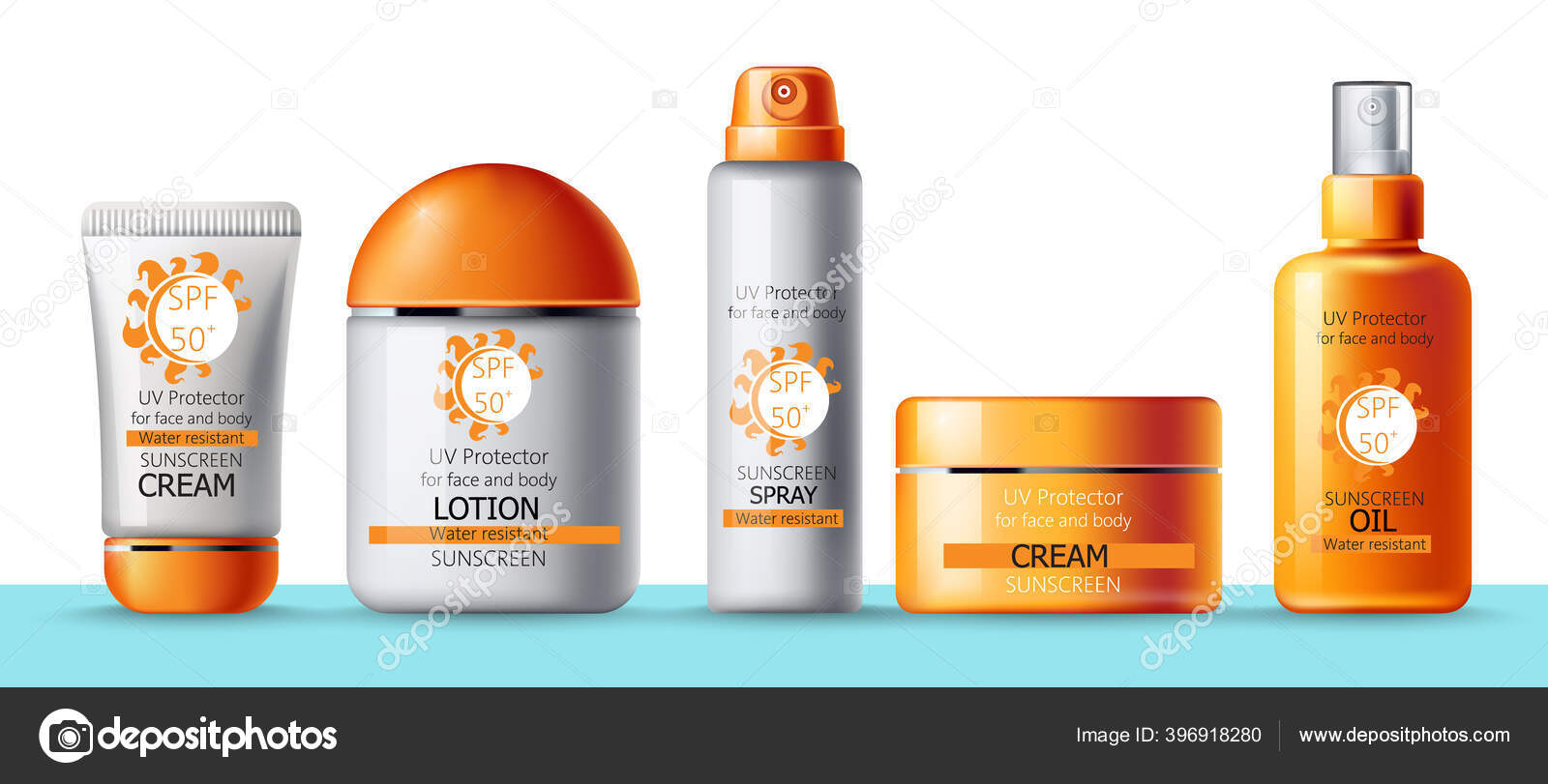 Set of sunscreen cream, lotion, spray and oil. UV protection. Water resistant. Realistic Stock ...
