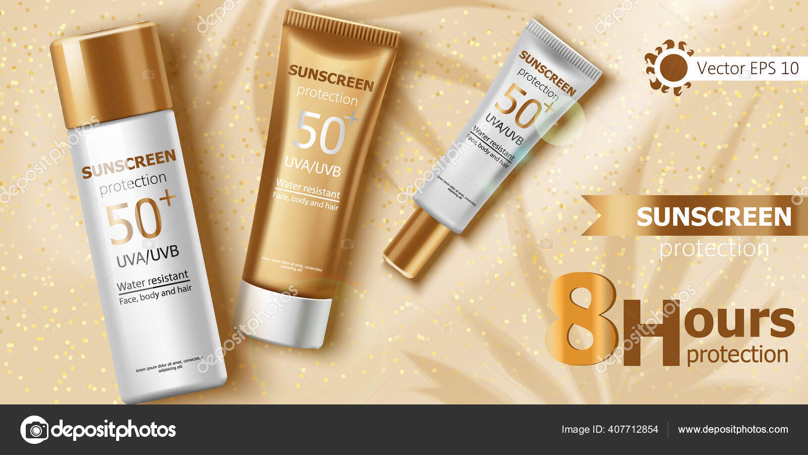 Three containers with water resistant sunscreen laying on beige glitter ...