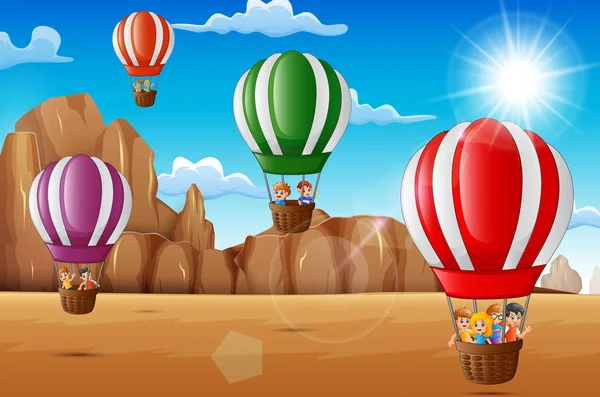 Cartoon kids flying in a hot air balloon at the riverbank Stock Vector ...
