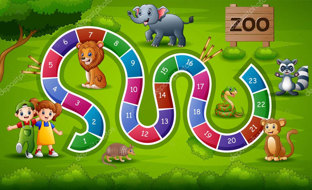 Ilustración vectorial de Serpientes y escaleras juego zoológico tema 2024