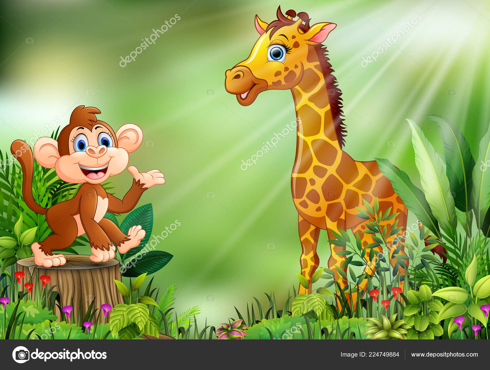Dibujos Animados Escena Naturaleza Con Mono Sentado Tocón Del Árbol Vector de stock #224749884 ...