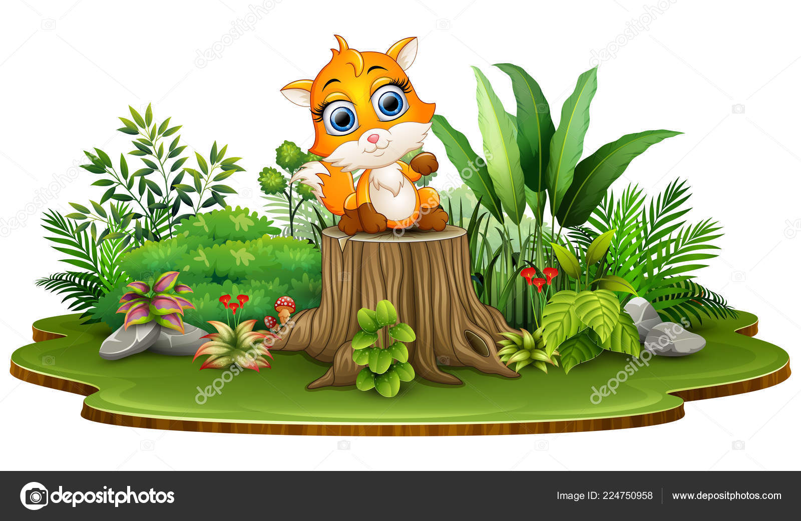 Cartoon Happy Baby Fox Sitting Tree Stump Green Plants Stock Vector ...