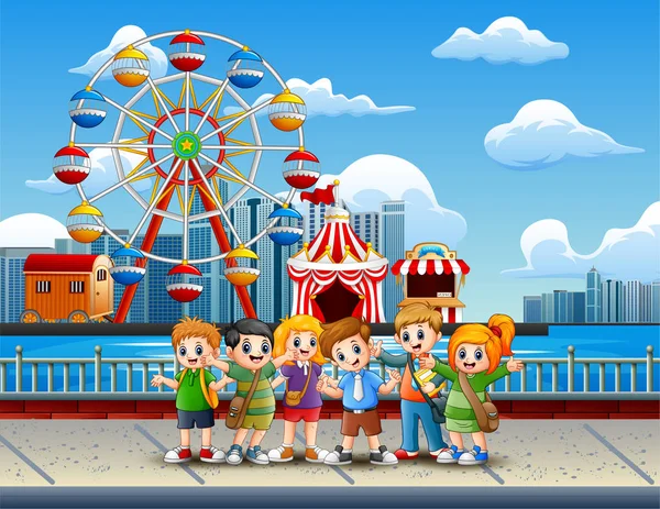 Cartoon Children Having Fun Lakeside Amusement Park Background Stock ...