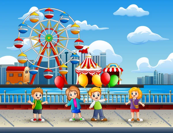 Cartoon Children Having Fun Lakeside Amusement Park Background Stock ...