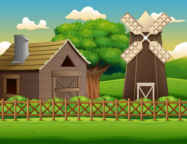 Cartoon farm windmill | Cartoon farm landscape with windmill and barn ...