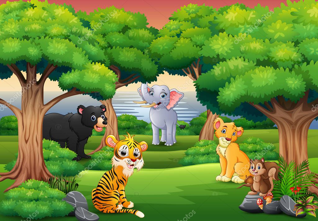Dibujos Animados Animales Salvajes Disfrutando Selva Vector de stock por ©dualoro 231920368