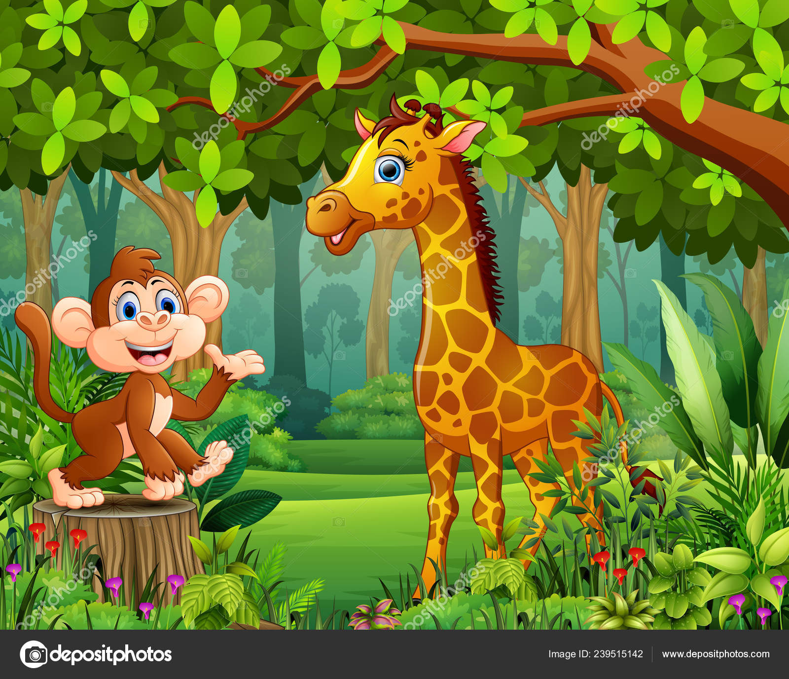 Dibujos Animados Animales Salvajes Felices Hermoso Bosque Verde Vector de stock por ©dualoro ...