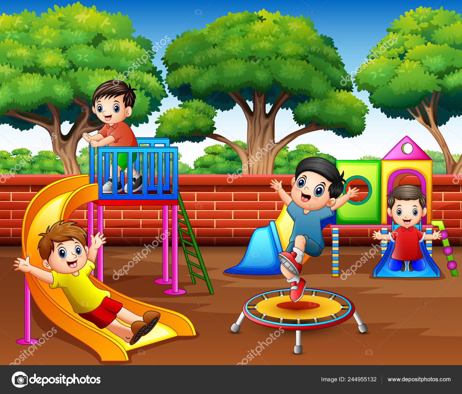 Anak Anak Yang Bahagia Bermain Taman Bermain Pada Siang Hari Vektor ...