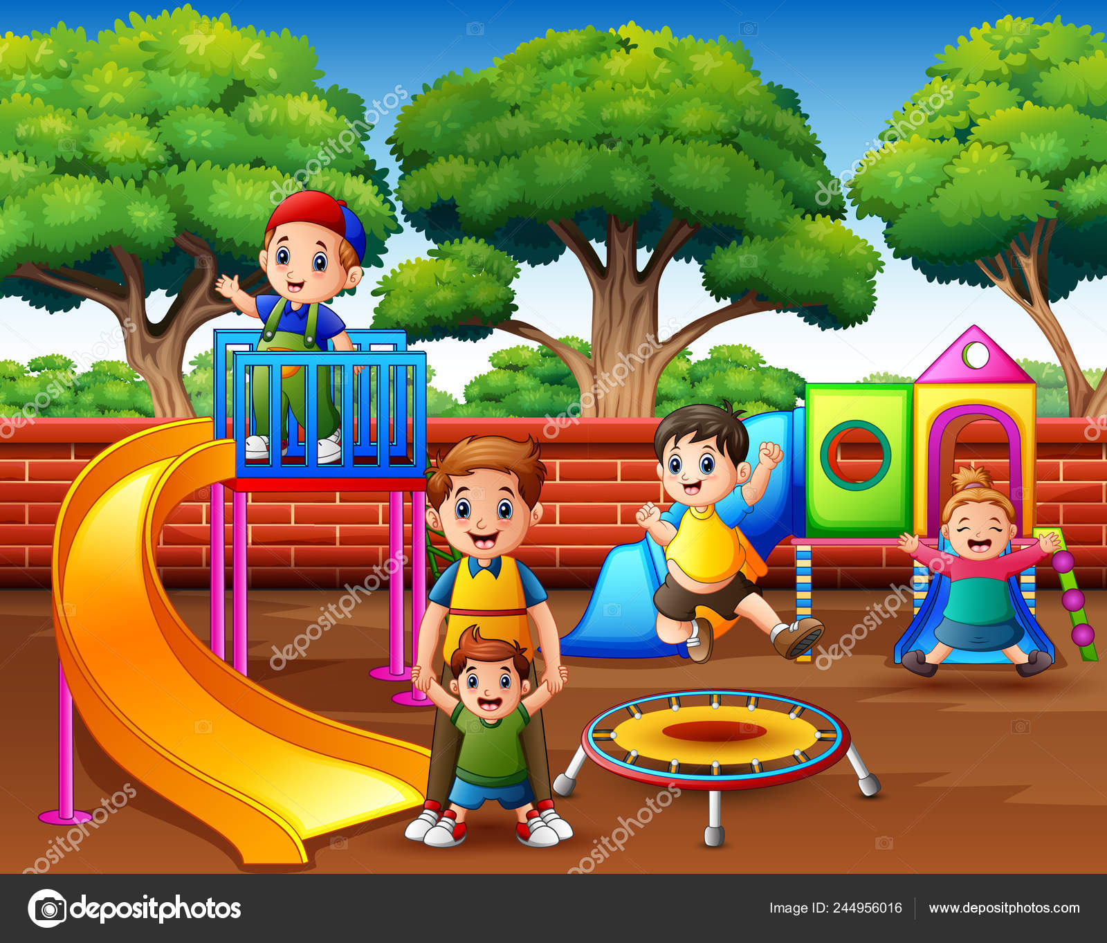 Bahagia Anak Anak Bersenang Senang Bersama Taman Bermain Vektor Stok ...
