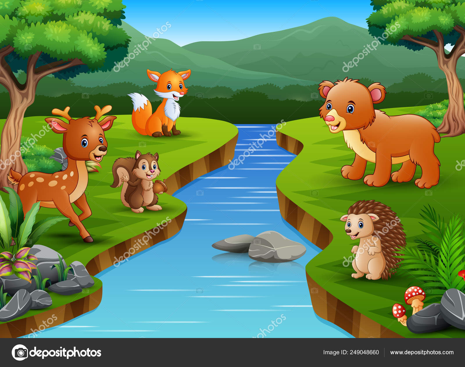 Dibujos Animados Animales Felices Disfrutando Orilla Del Río Vector de ...