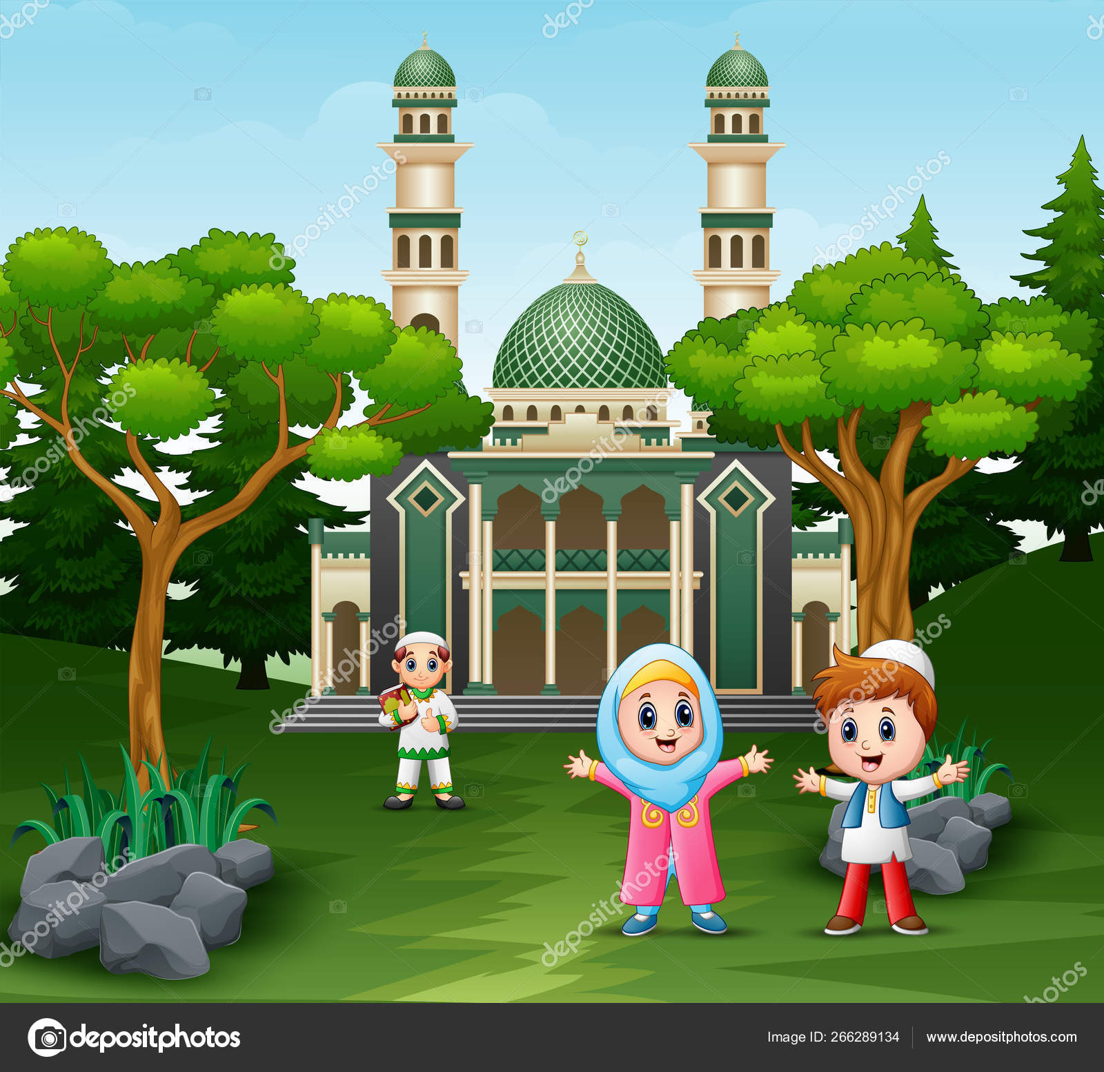 Happy Musim Kids Front Mosque Stock Vector by ©dualoro 266289134