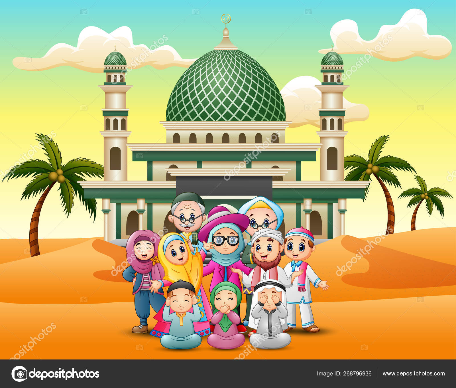 Cartoon Muslim Keluarga Depan Masjid Vektor Stok oleh ©dualoro 268796936