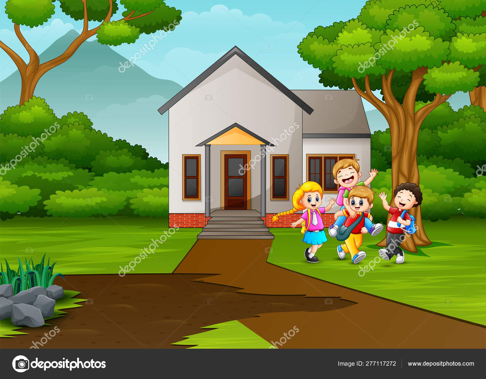Niños Escuela Dibujos Animados Frente Casa Vector de stock por ©dualoro ...