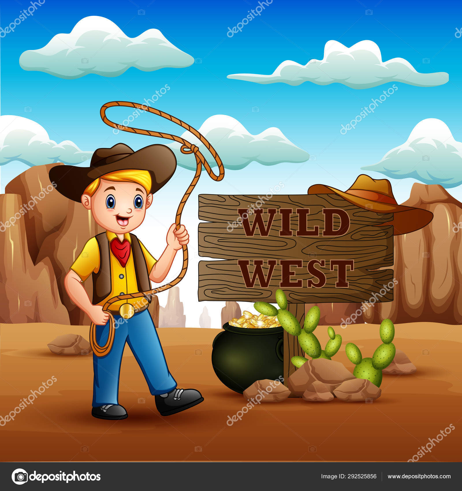 Cowboy Twirling Lasso Wild West Background Stock Vector Image by ...
