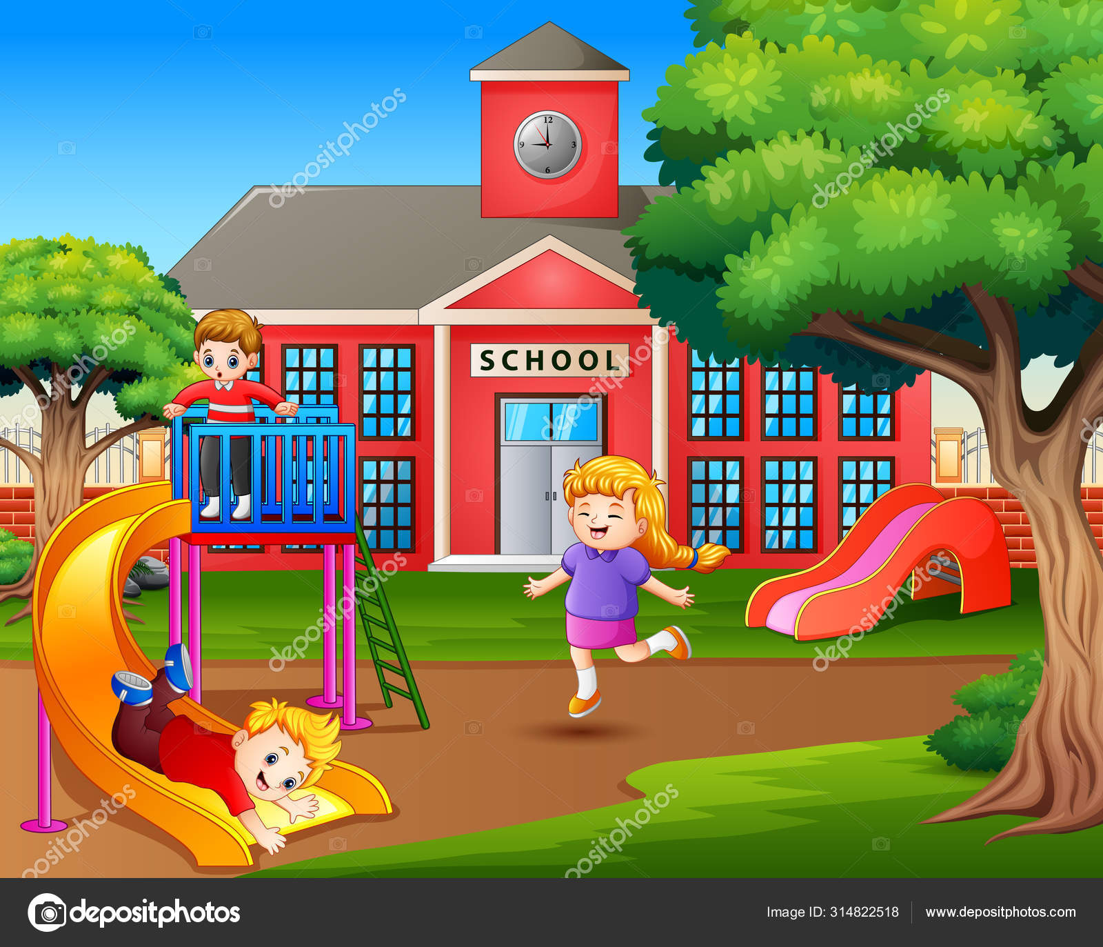 Niños Dibujos Animados Jugando Patio Escuela Vector de stock #314822518 ...