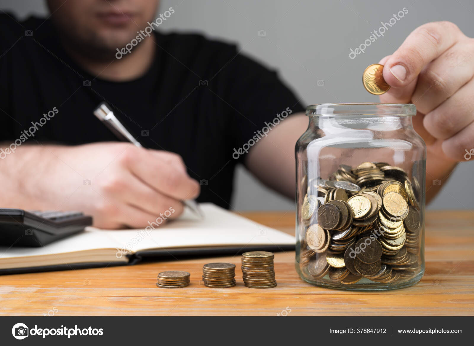 Coins Jar Stacks Change Young Caucasian Man Dropping Money Writing ...