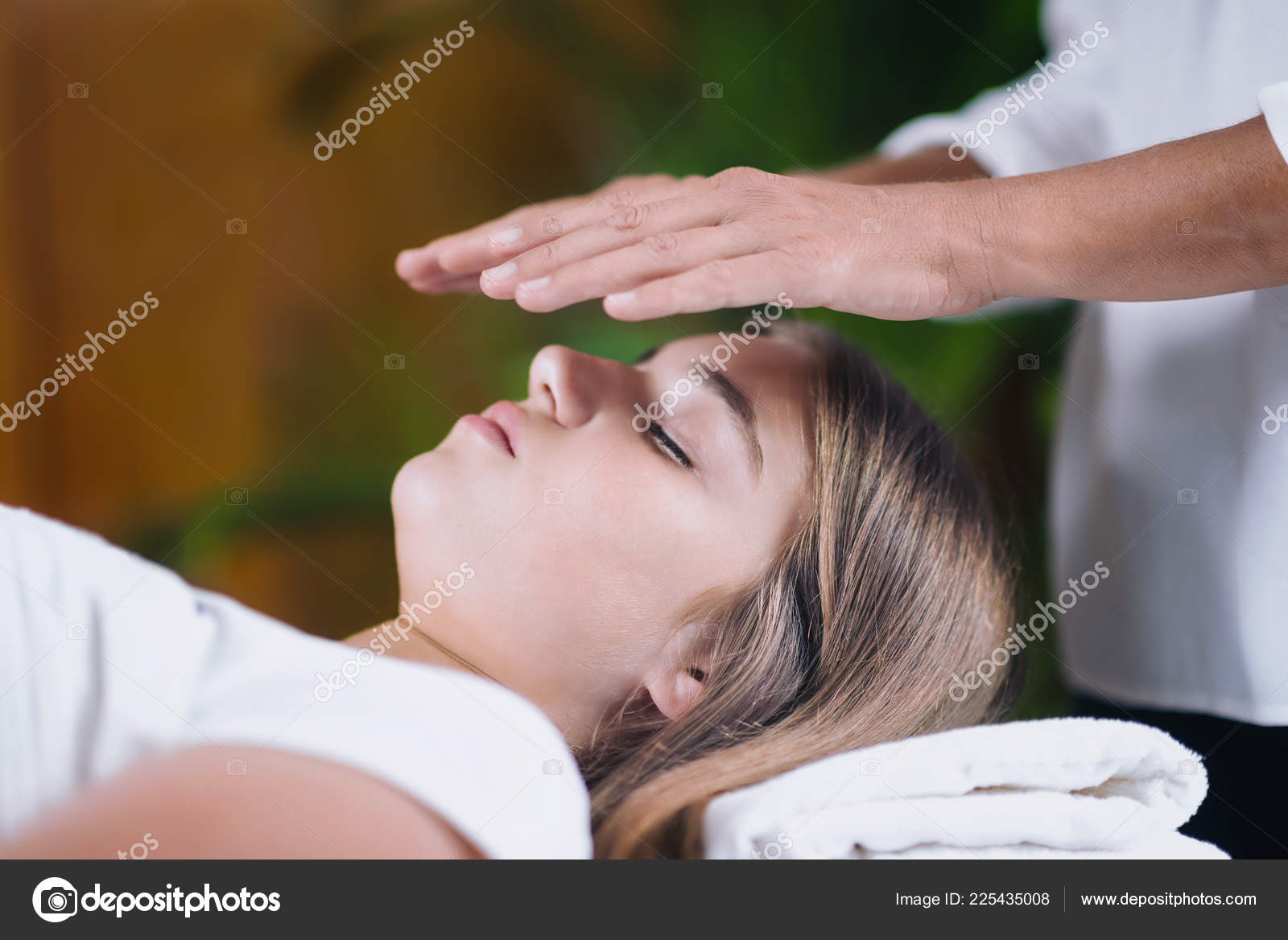 Horizontal Image Reiki Therapist Holding Hands Head Patient Transfer ...