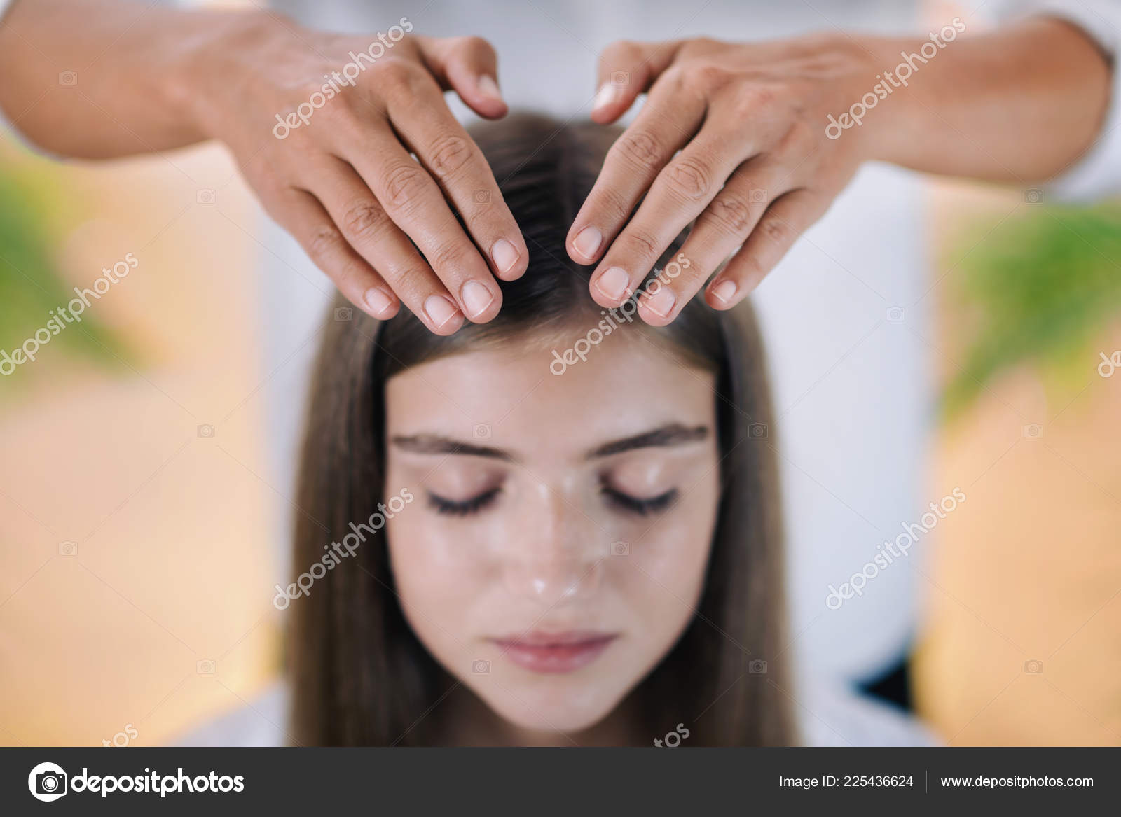Horizontal Image Female Reiki Therapist Standing Holding Hands Head ...