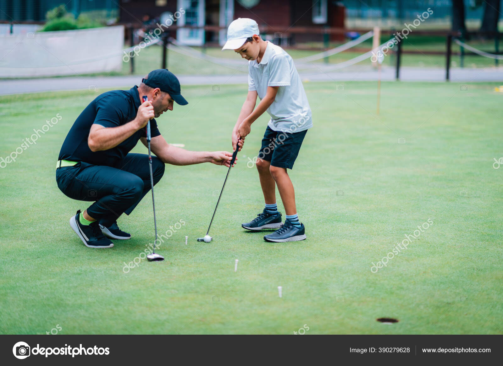 Learning Golf Boy Practicing Putting Instructor — Stock Photo ...