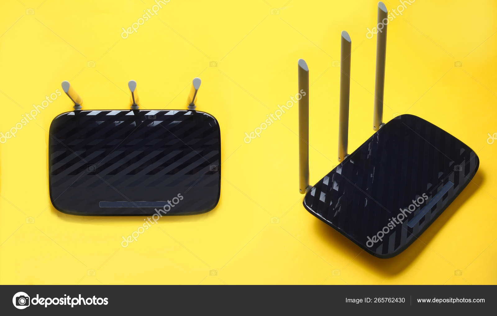 Black Three Antenna Router Isolated Yellow Background Set Two Different ...