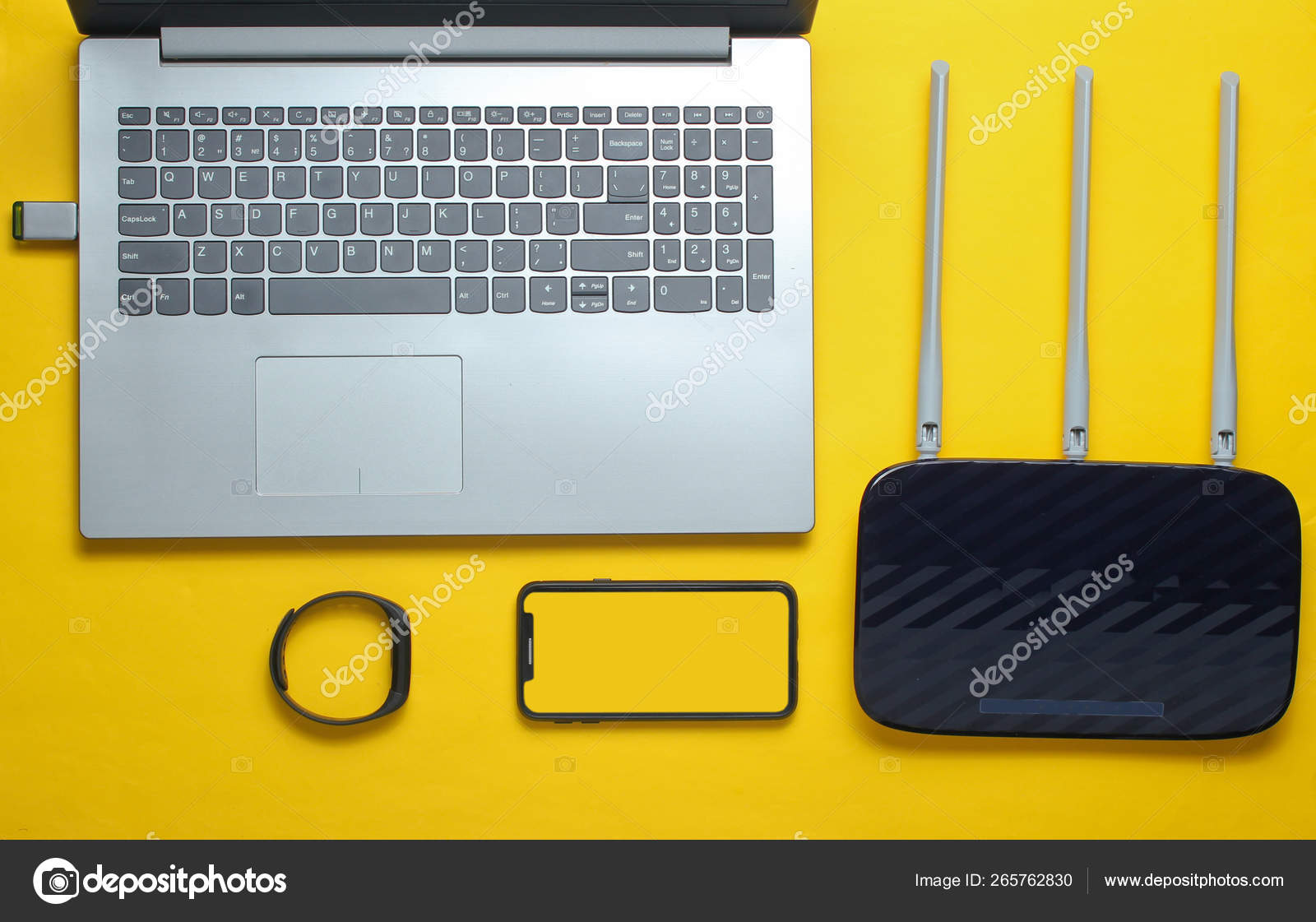 Laptop Router Smartphone Smart Tracker Yellow Background Online Work ...