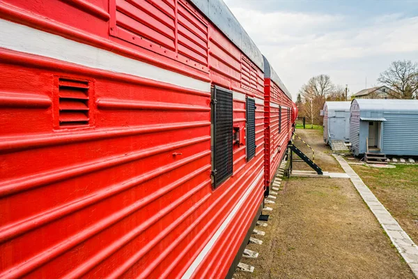 Red fire train on the track. Stock Photo by ©4-s.ukr.net 257419968