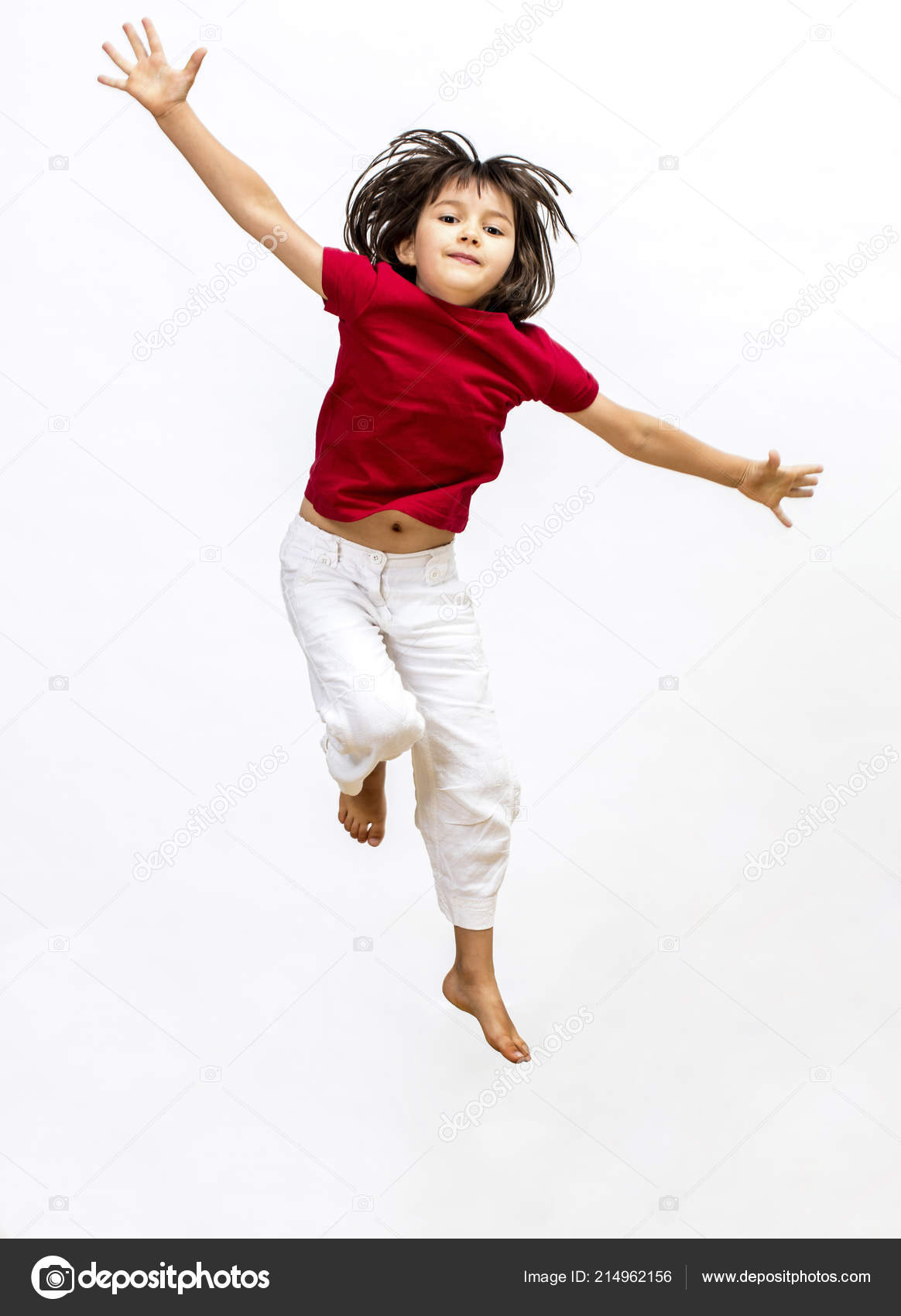 Successful Little Child Enjoying Jumping Flying Express Open Mindedness ...