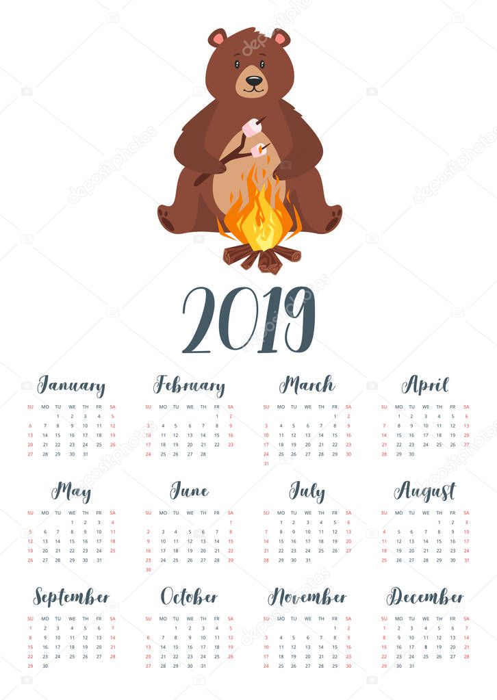 Vector cartoon style illustration of 2019 year calendar with brown ...