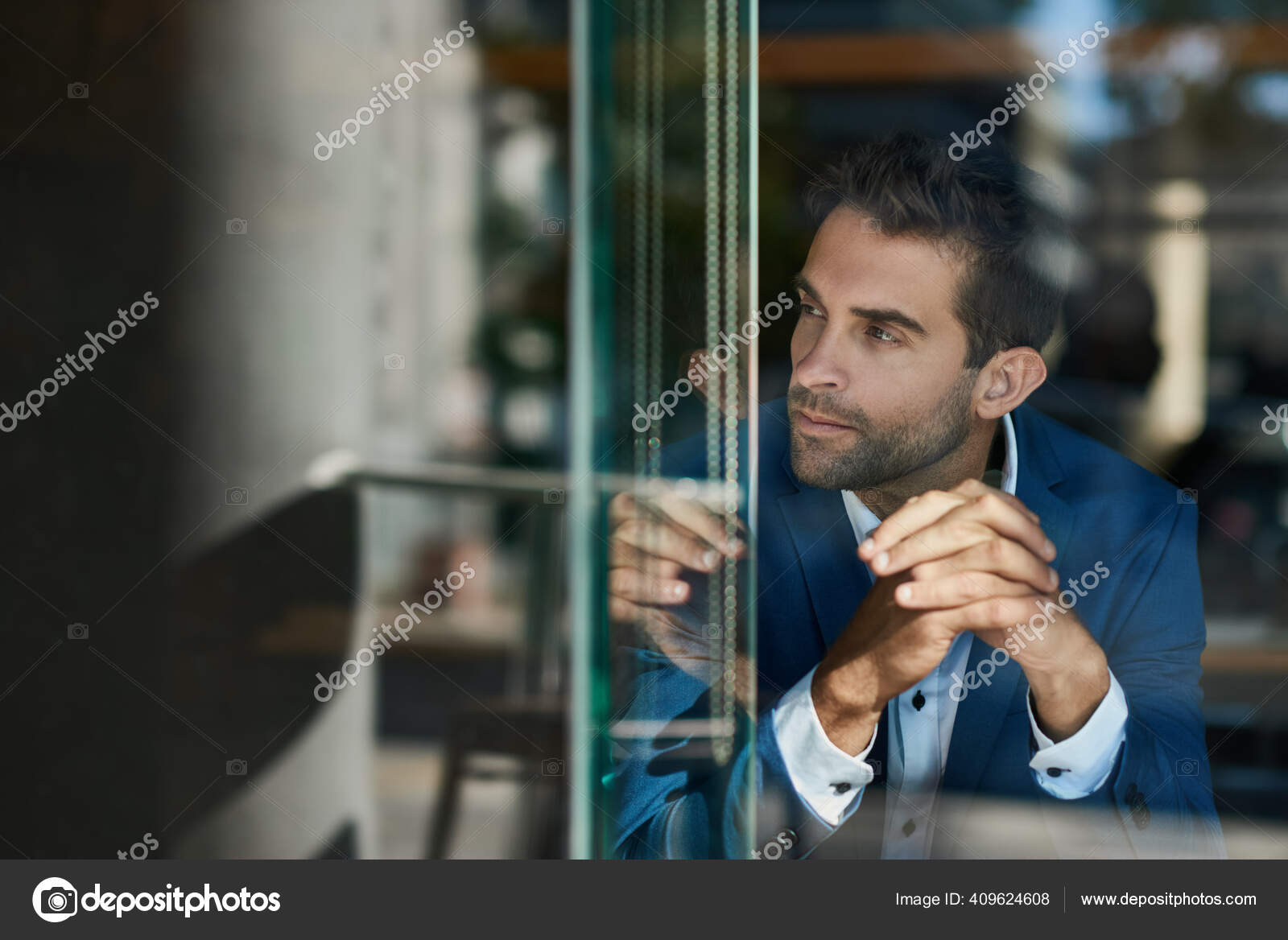 Young Businessman Sitting His Hands Clasped Counter Window Cafe Stock ...