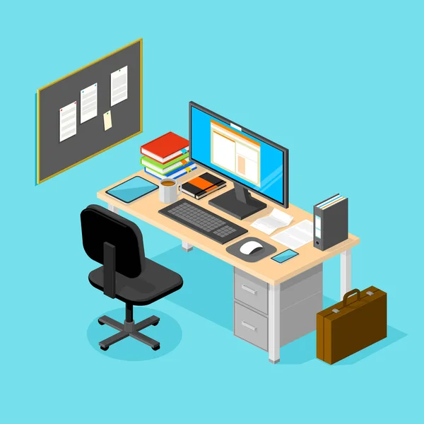 Isometric Office Workspace With Desktop Computer Vector Illustration ...