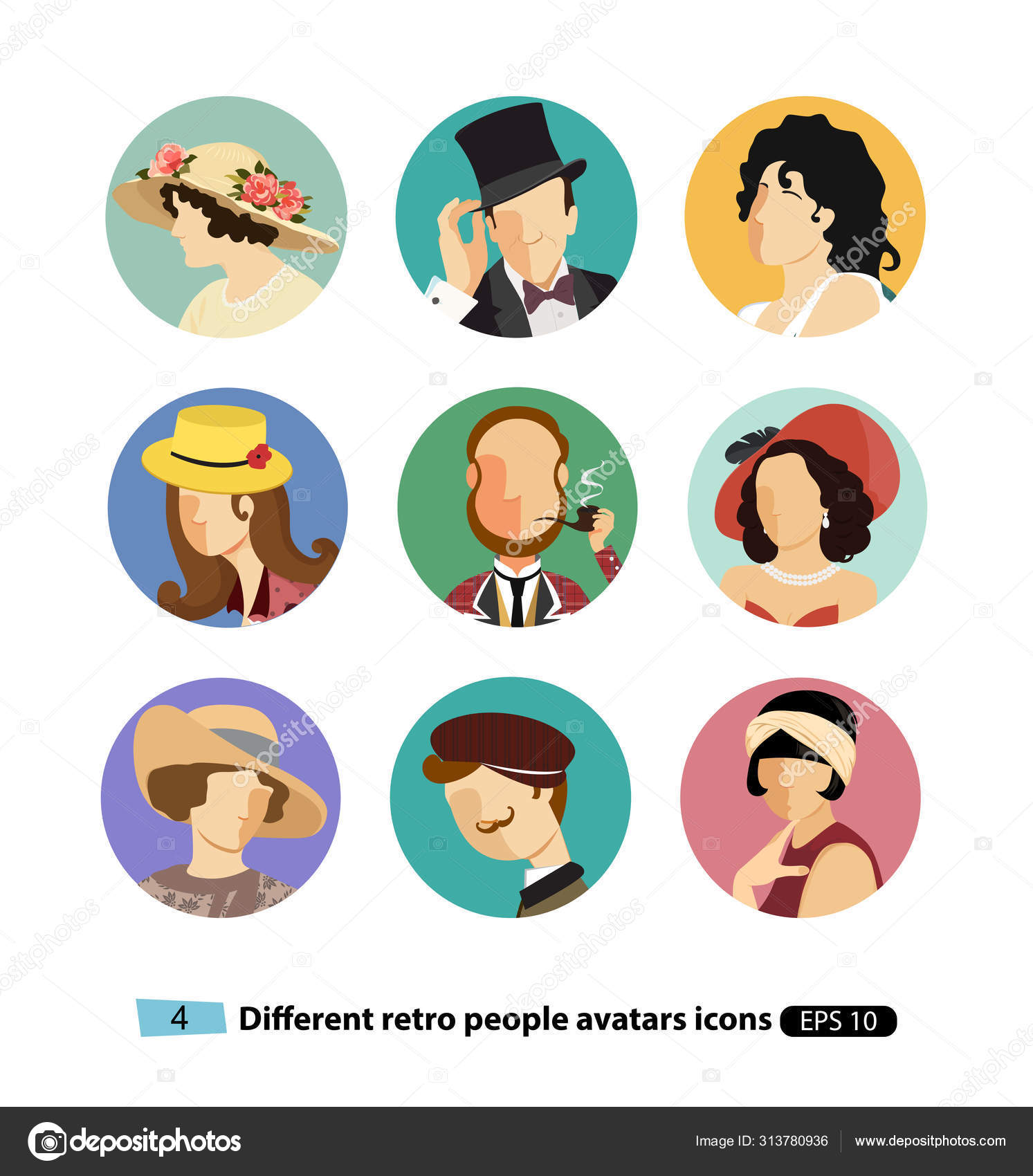 Avatar Retro people การ์ตูนเวกเตอร์แยกตัวบนสีขาว ภาพเวกเตอร์สต็อกโดย ...