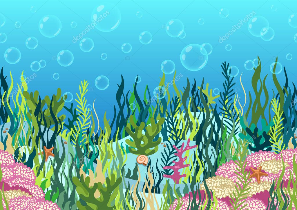 Fondo del mundo submarino, fondo marino con algas marinas y arrecifes ...