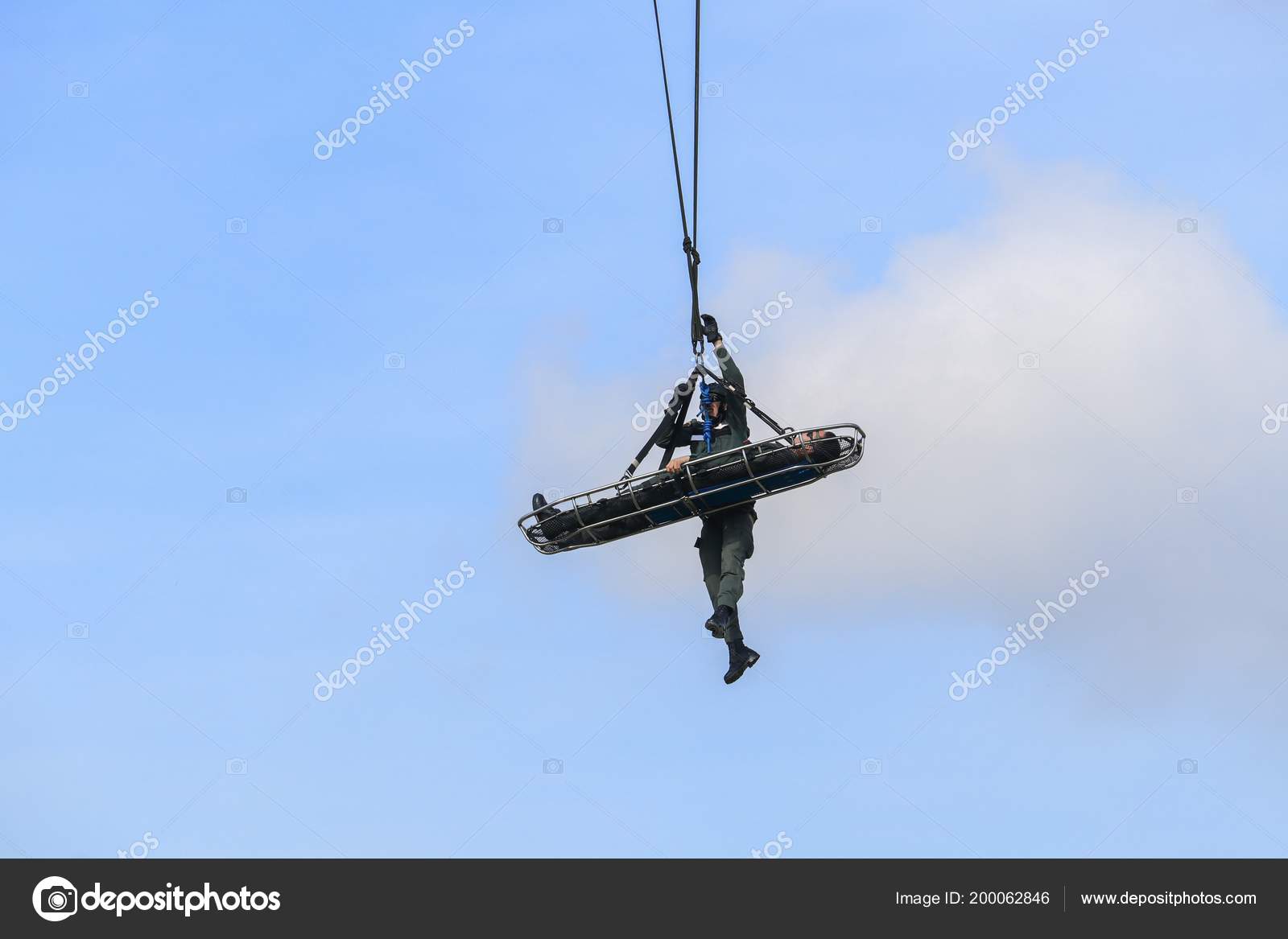 Soldier Rescue Emergency Army Helicopter Rope Blue Sky — Stock ...