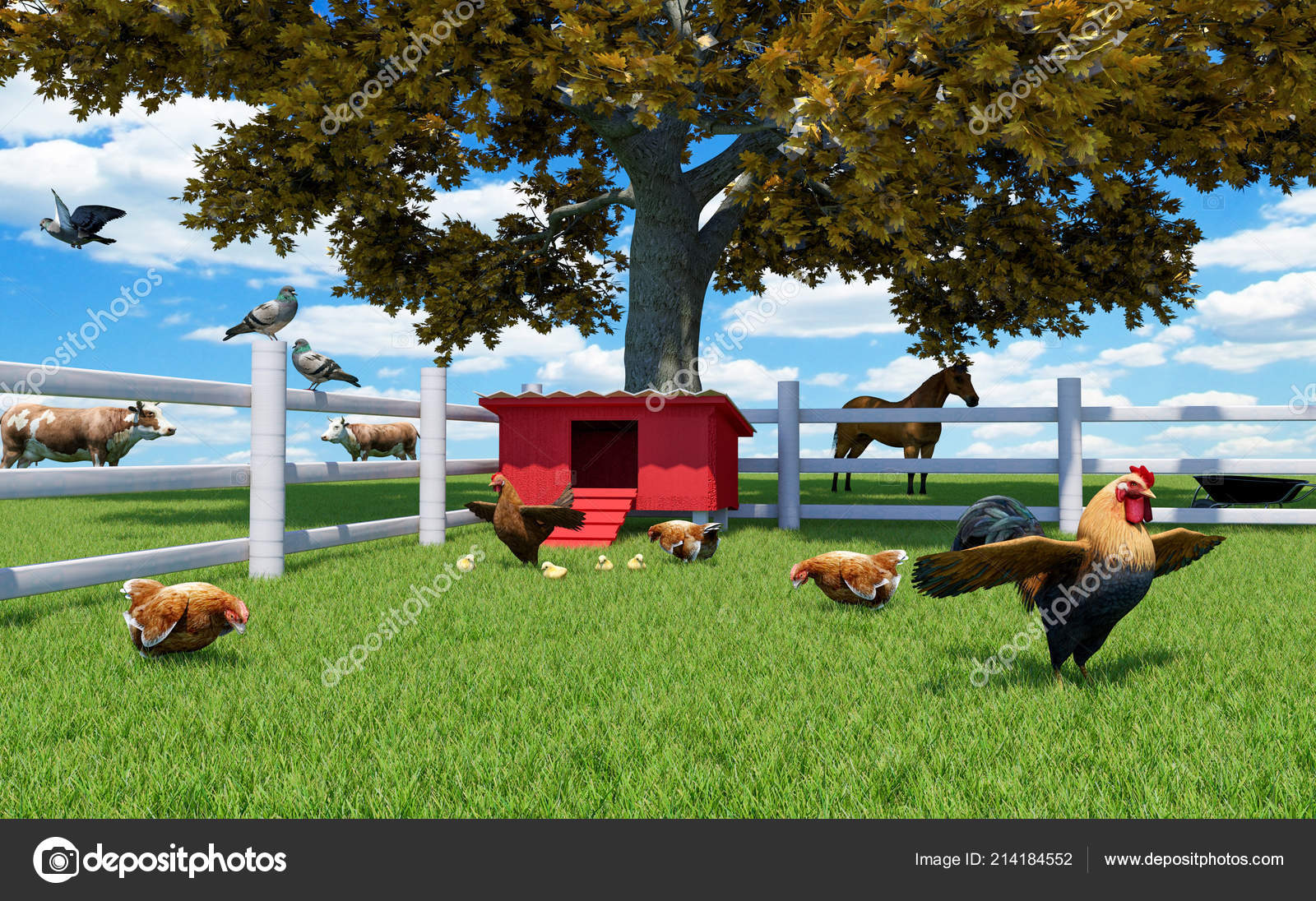 Rooster Hens Chickens Poultry Farm Chicken Coop Farm Animals Rendering ...