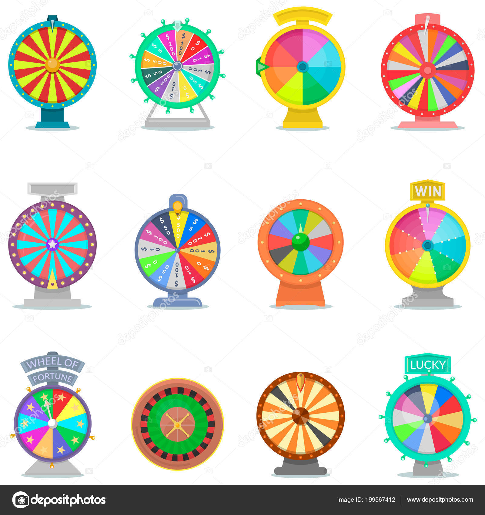 Fortune wheel vector spin game icons casino roulette with arrow lucky ...