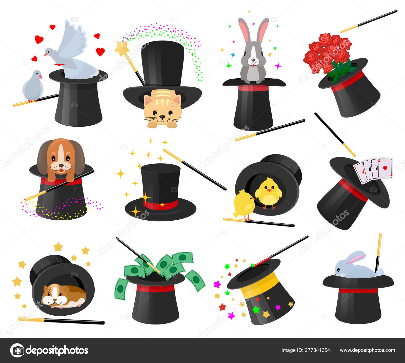 Magician hat vector illusionist show with animal character cat dog in ...