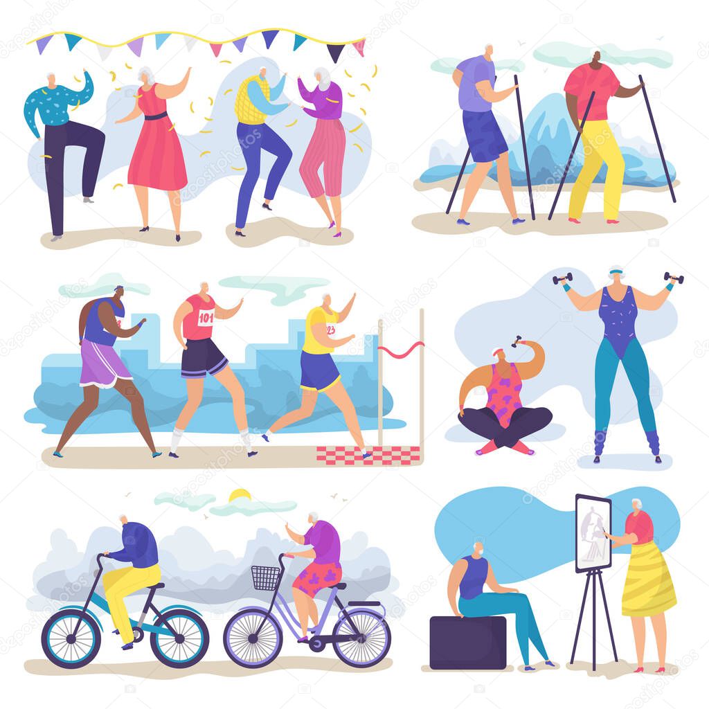 Active senior old people vector illustration set, dibujos animados ...