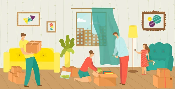 People moving house vector illustration of happy family packing things ...