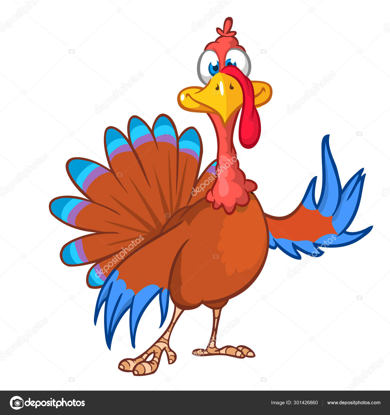 Cartoon thanksgiving turkey character waving hello. Outlines. Vector ...
