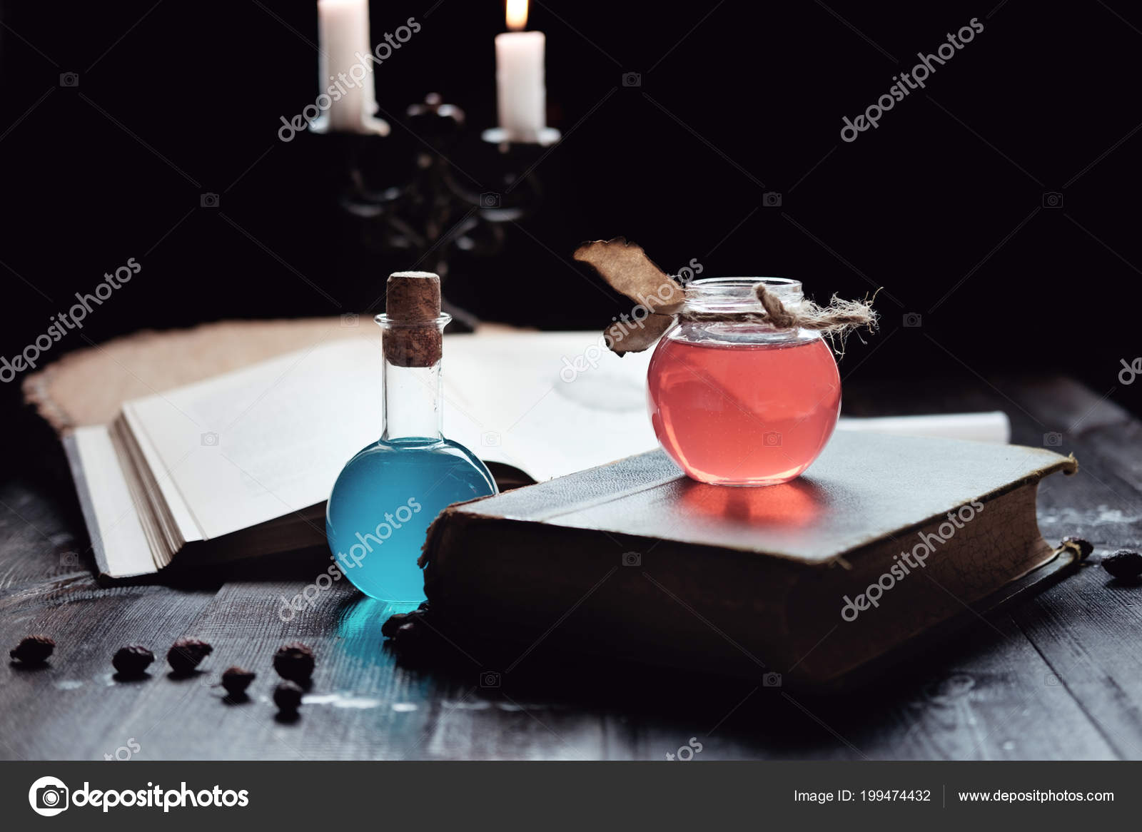 Magic Wizardry Concept Set Sorcery Book Magic Potions Candles Table ...