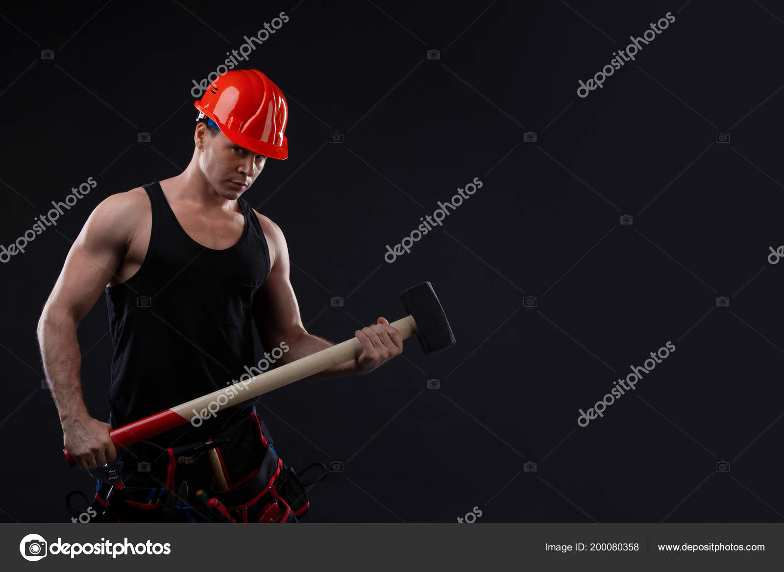 Muscular Man Orange Helmet Great Anatomy Posing Black Background Big ...