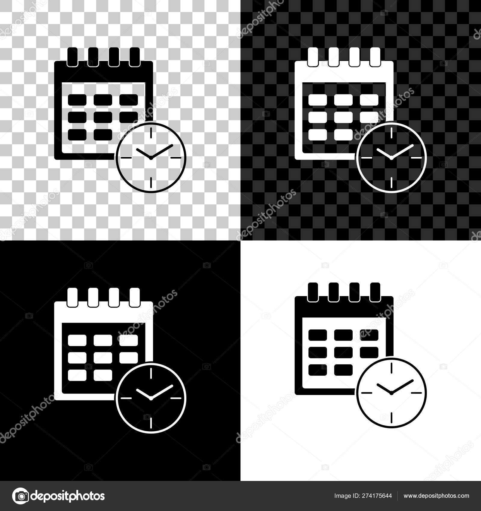 Icono de calendario y reloj aislado en fondo negro, blanco y ...