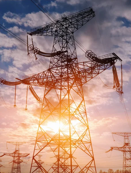 High-voltage power lines. Electricity distribution station. high ...